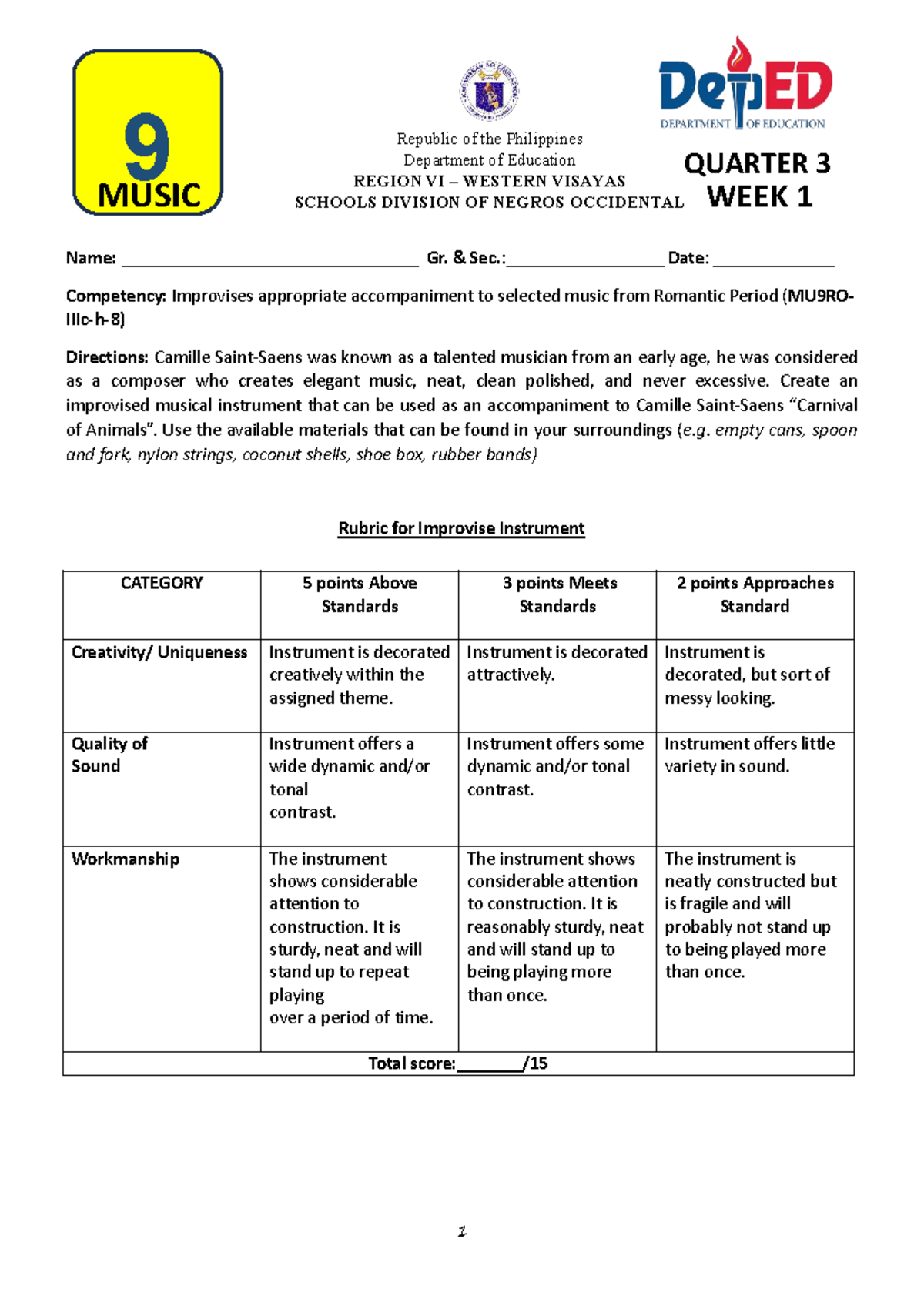 ELK-MAPEH 9 Q3W1: Improvised Instrument Accompaniment Activity - Studocu