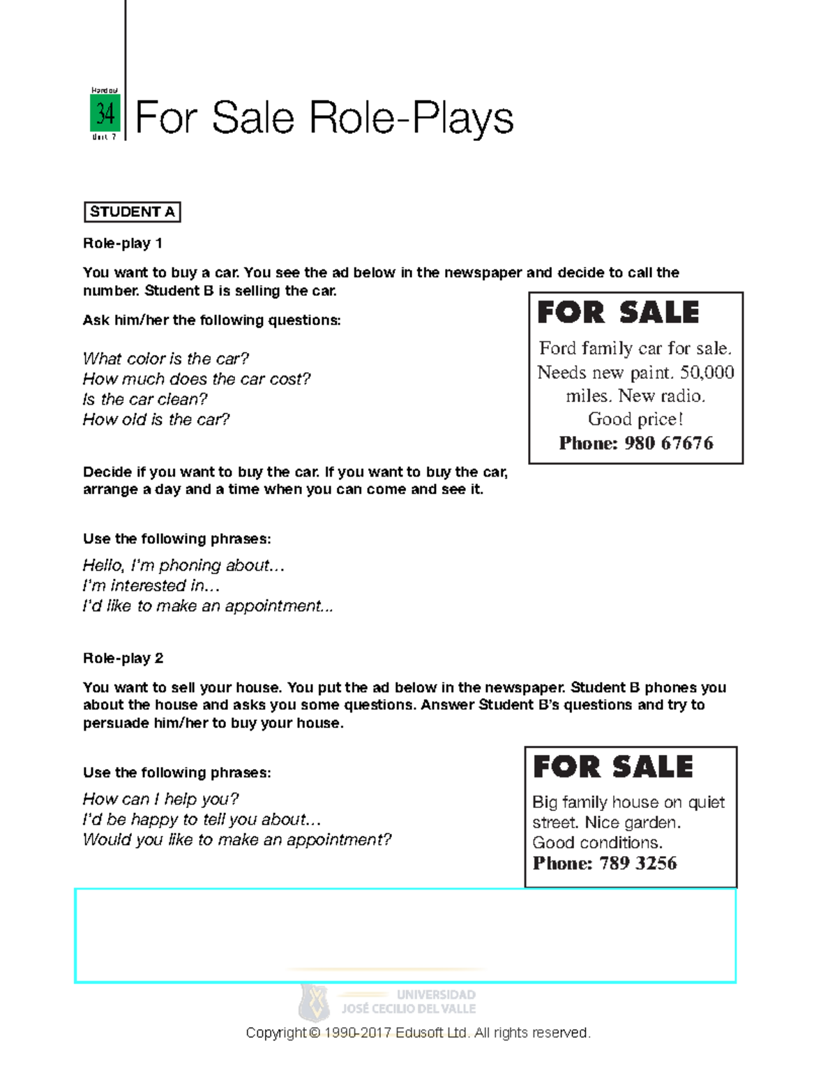 Actividades comunicativas - U n i t 7 34 For Sale Role-Plays Role-play ...