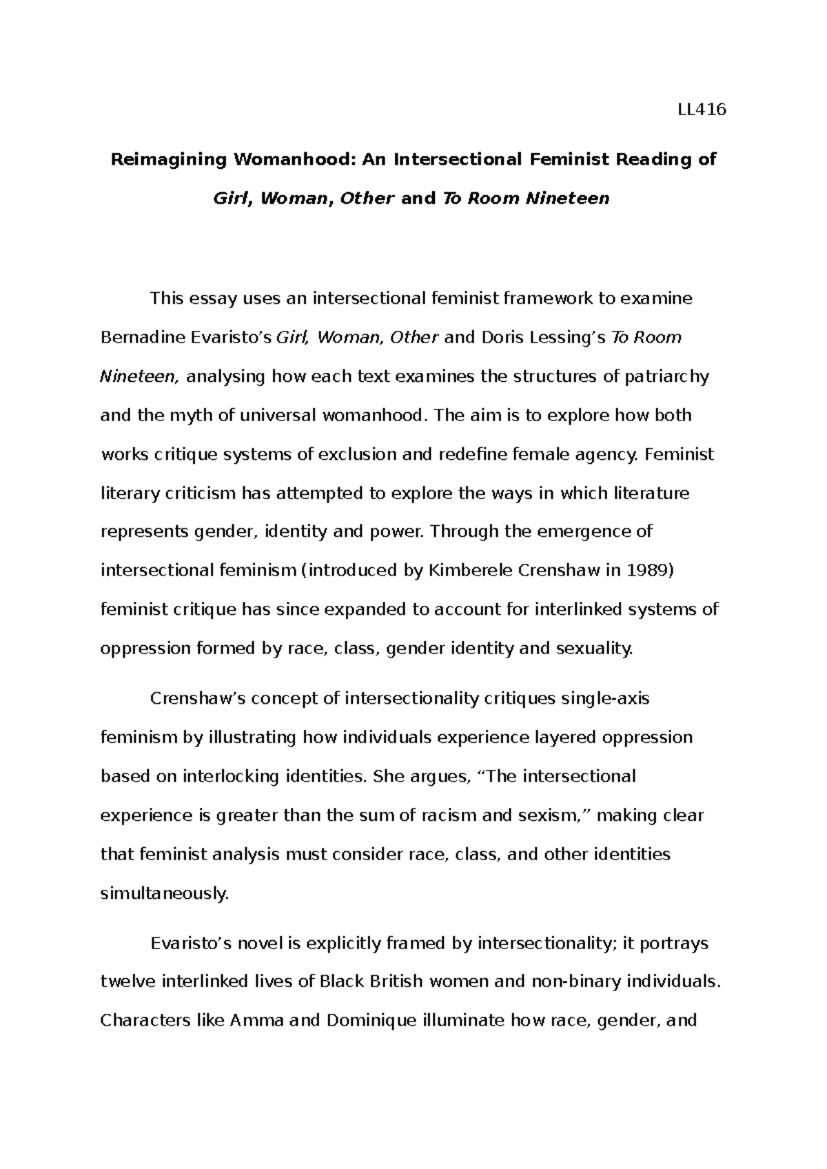 LL416 Final Essay: Intersectional Feminism in Evaristo and Lessing ...