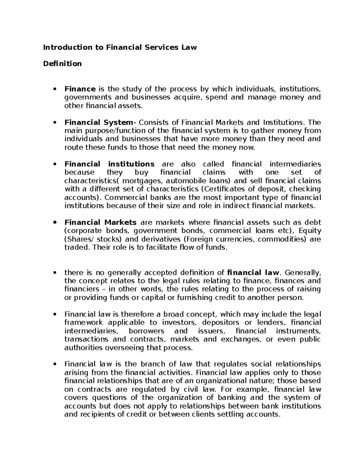 Introduction to Financial Services Law (FIN 2025) - Studocu