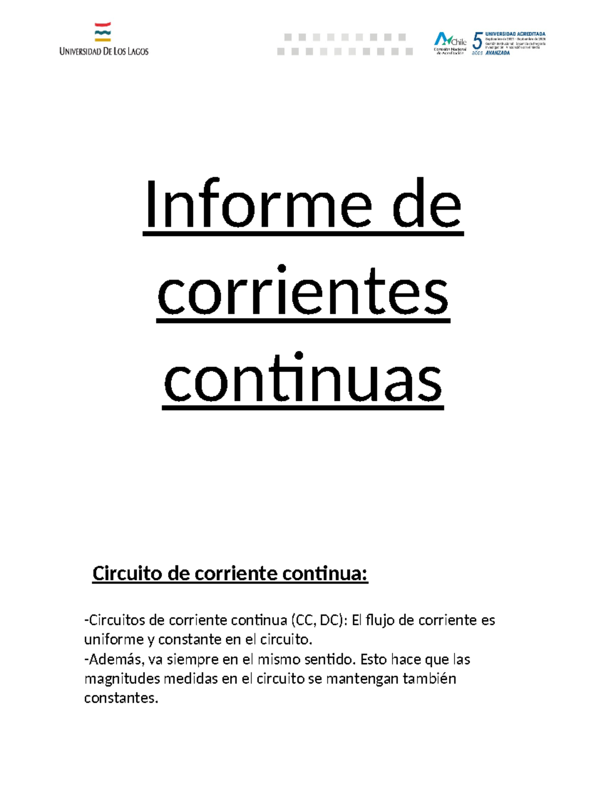 Informe de Circuitos de Corriente Continua: CC y Ley de Ohm - Studocu