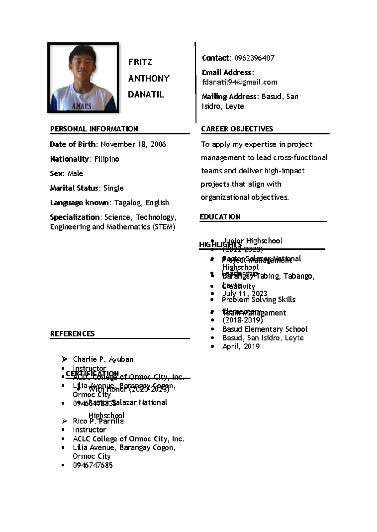 Fritz-resume - None - FRITZ ANTHONY DANATIL Contact: 0962396407 Email ...