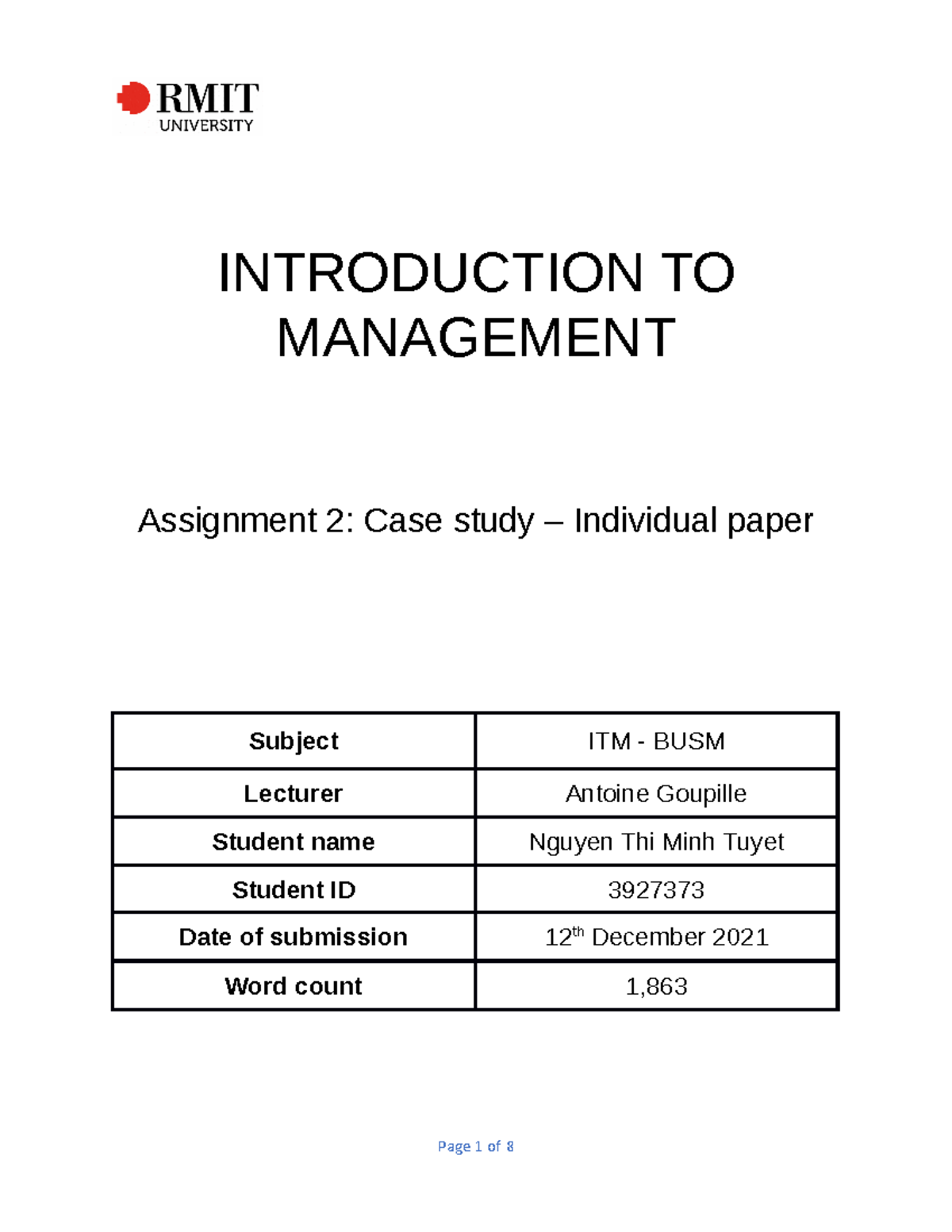 Assignment 2 - S3927373 Case Study Analysis - INTRODUCTION TO ...