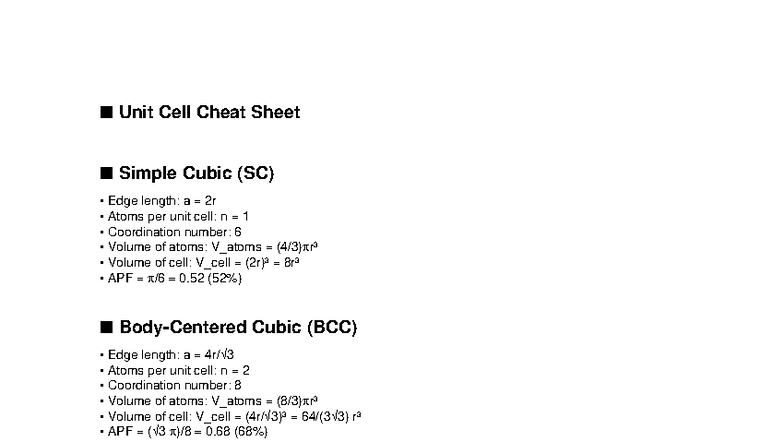 Unit Cell Cheat Sheet: SC, BCC, FCC - Key Calculations & Properties ...