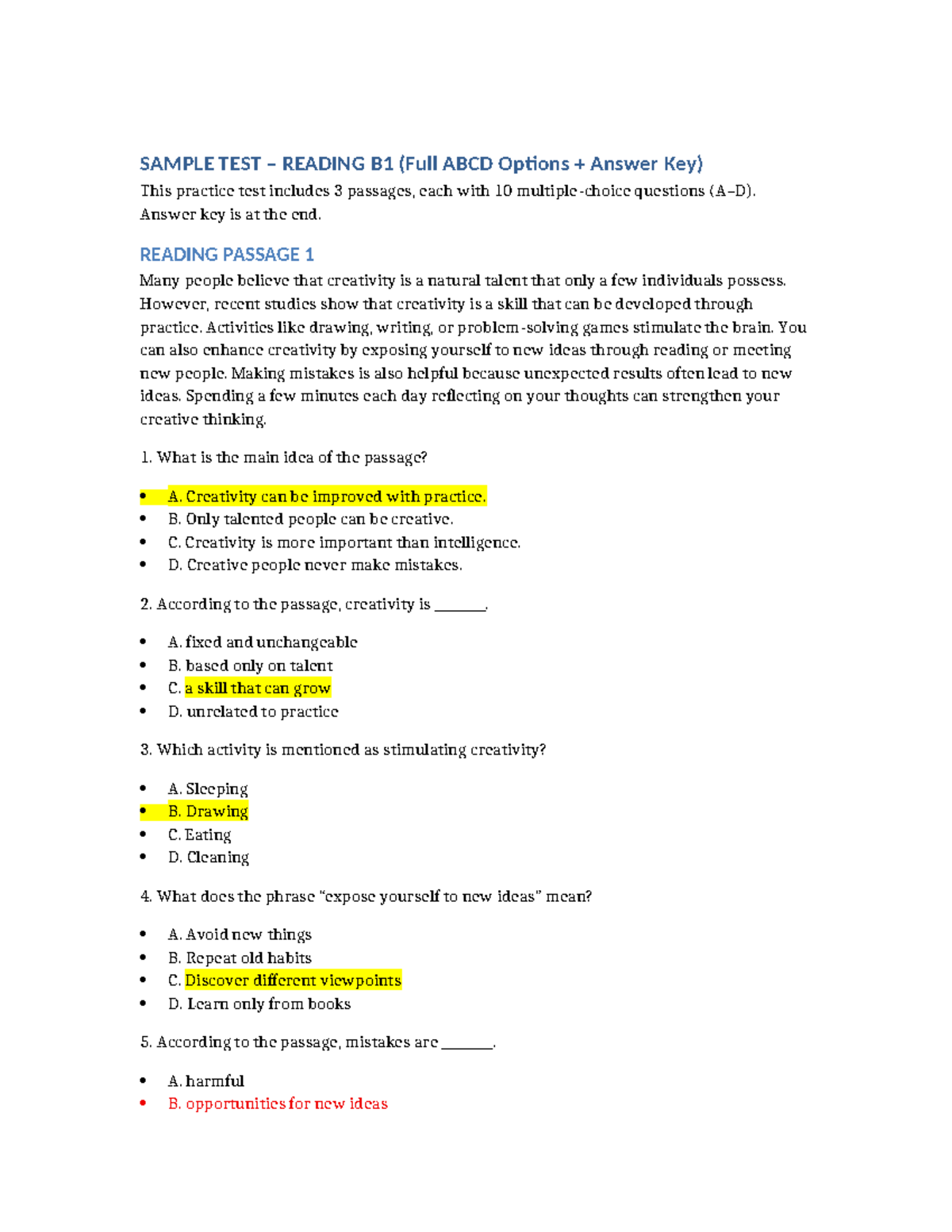 B1 Reading Practice Test: Full ABCD Answer Key - Studocu