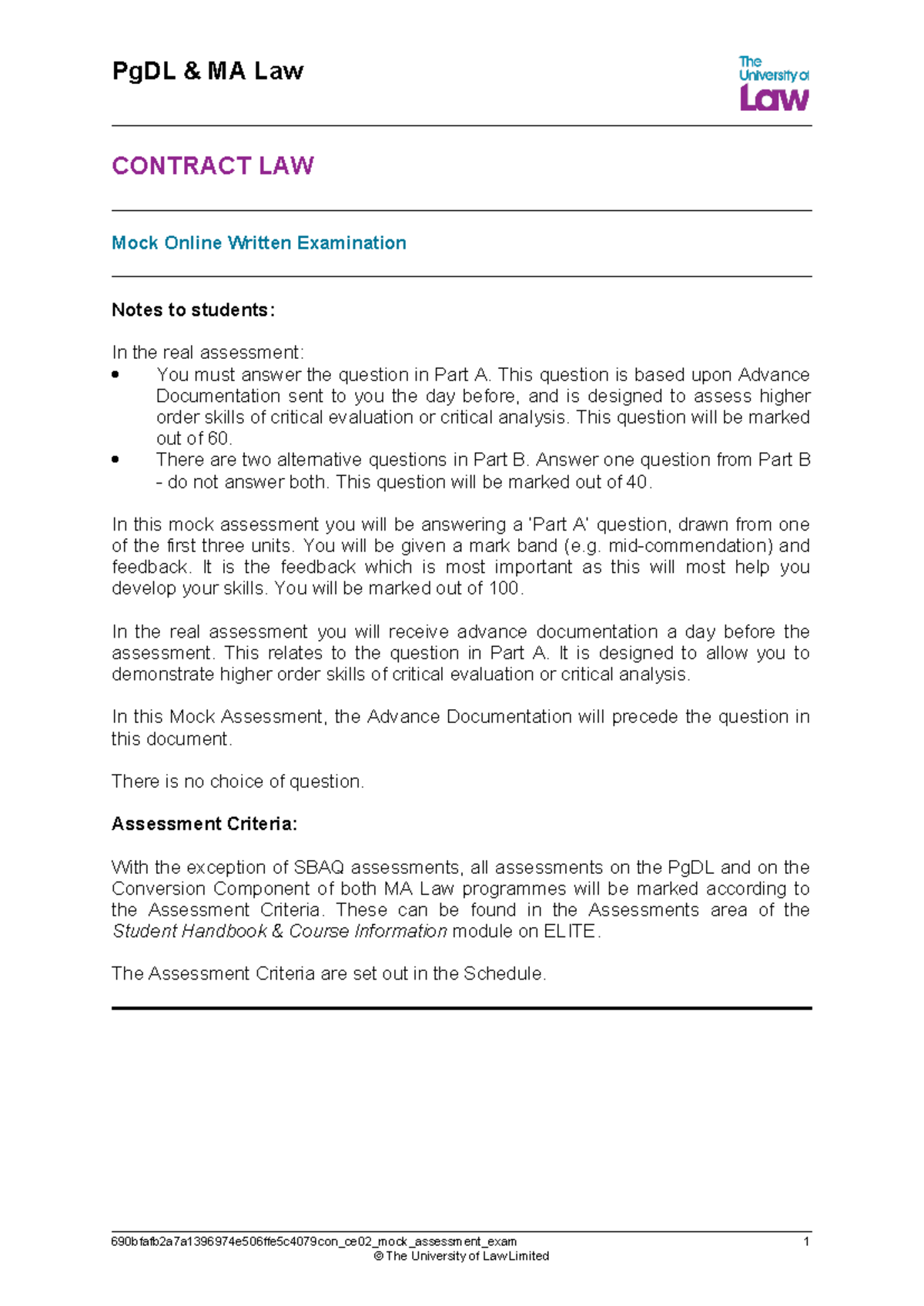 CONTRACT LAW PQ Mock Exam: Part A Instructions & Guidance - Studocu