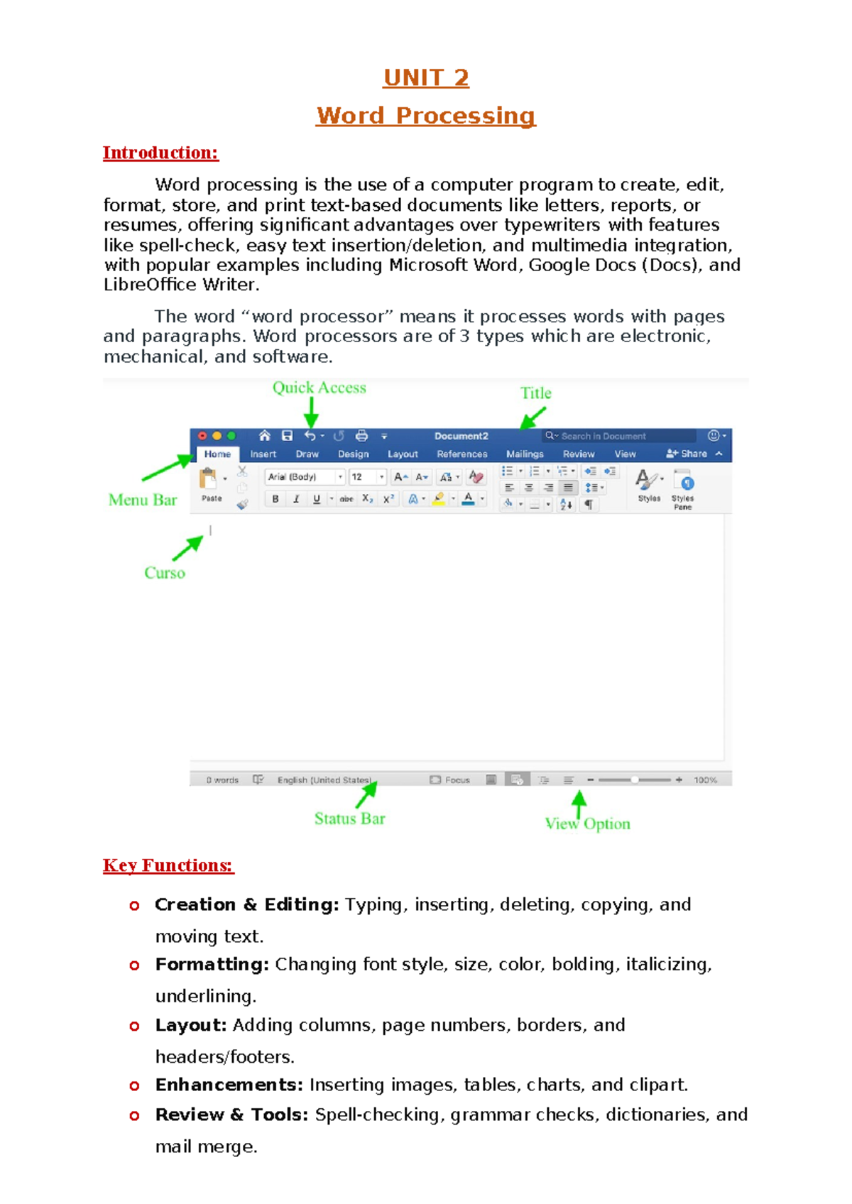 Unit 2 - Introduction to Word Processing in MS Word - Studocu