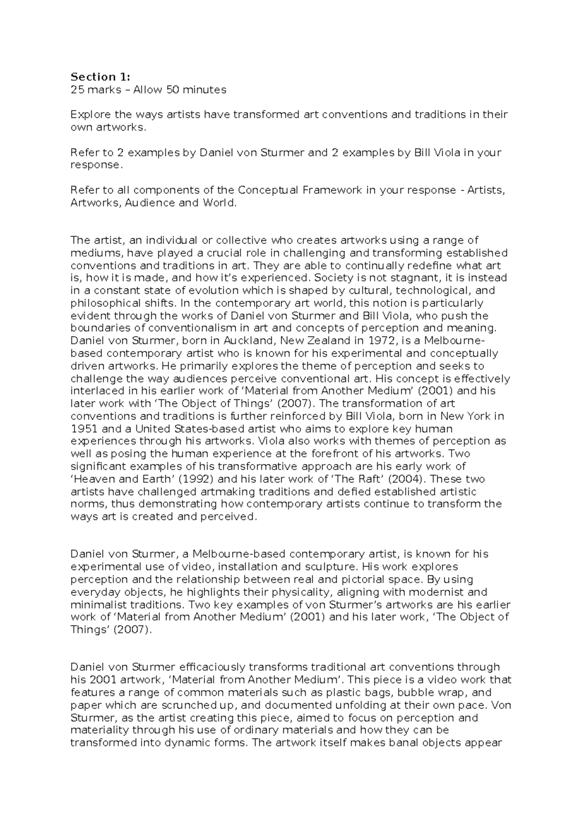 VA - Practice Essay: Transforming Art Conventions through von Sturmer ...