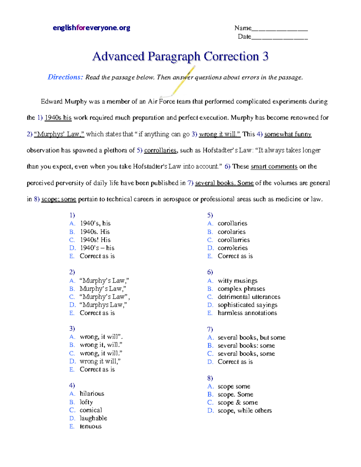 Advanced Paragraph Correction 3 - englishforeveryone Name ...