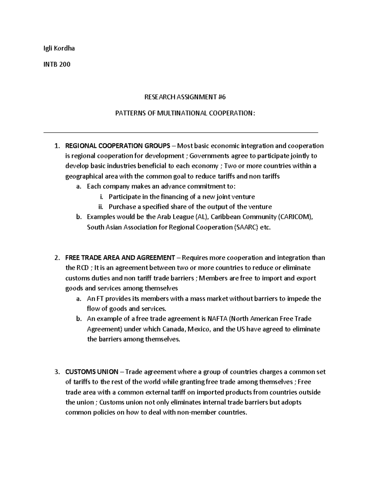 INTB 200 Research Assignment 6: Patterns of Multinational Cooperation ...