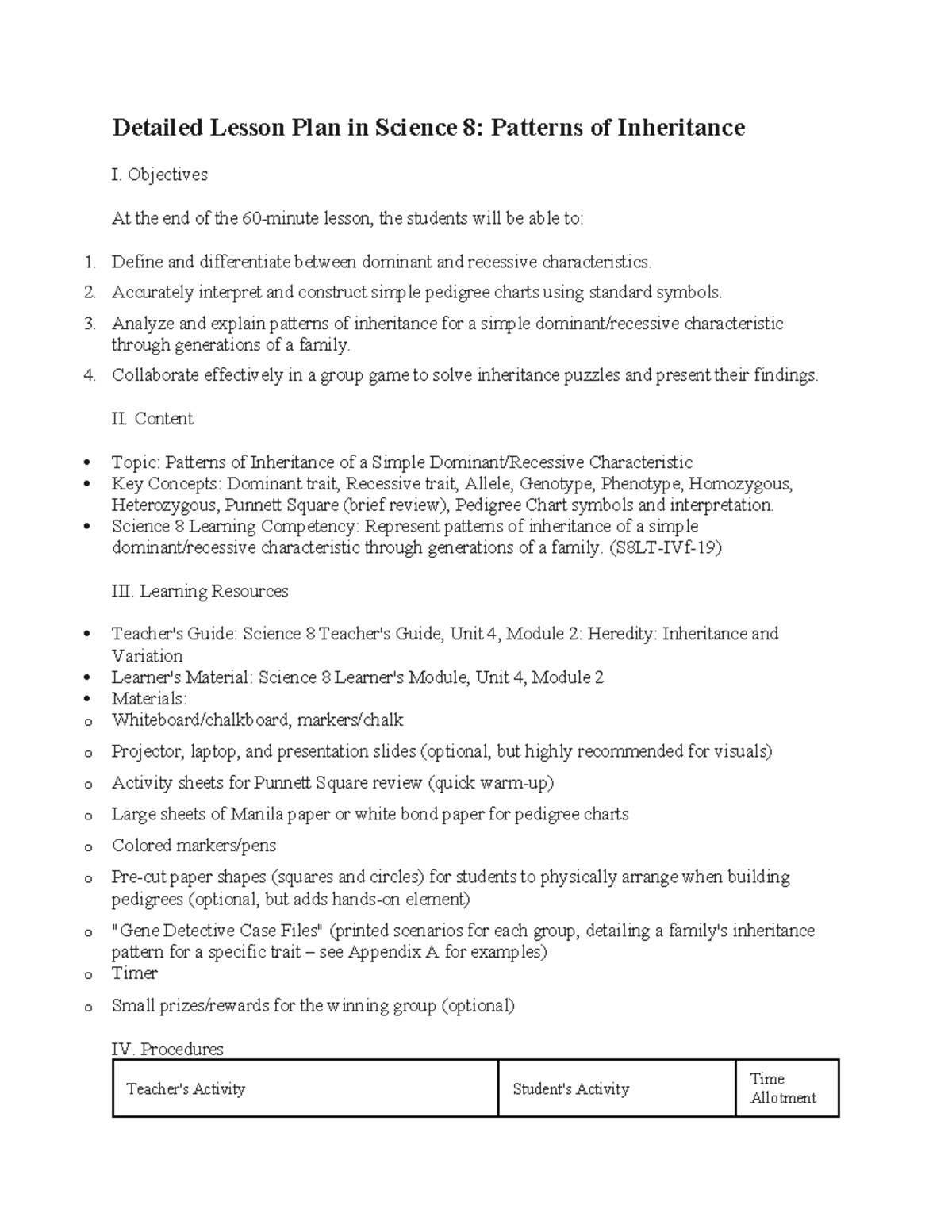 Detailed Lesson Plan in Science 8: Patterns of Inheritance II - Studocu