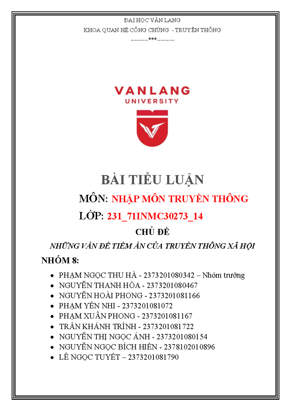 Bai tieu luon nhom 8 - Mmmmmmmmm Mmmmmmmmmm - KHOA QUAN HỆ CÔNG CHÚNG ...