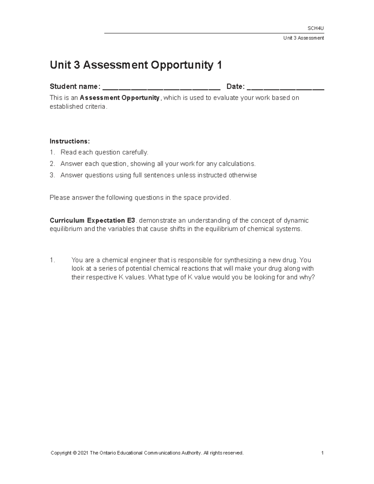 SCH4U Unit 3 Assessment: Dynamic Equilibrium & Chemical Reactions - Studocu