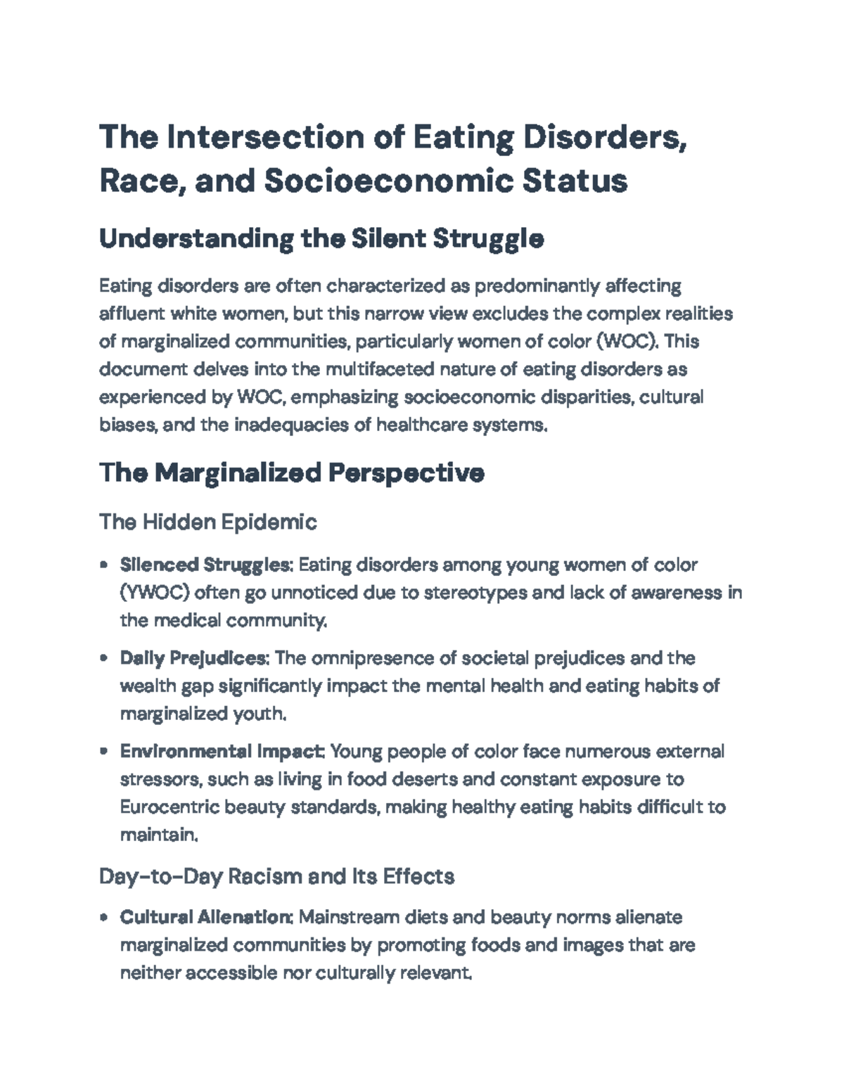 Understanding Eating Disorders through Race and SES: Focus on WOC - Studocu