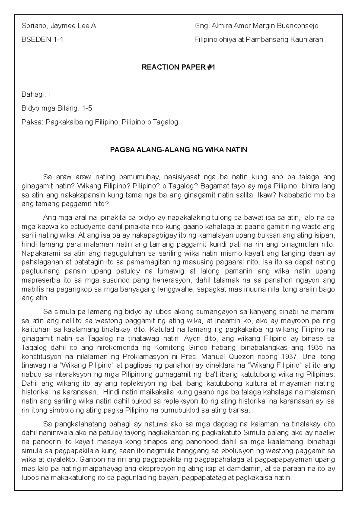 BSEDEN 1-1 Reaction Paper sa Filipinolohiya at Panitikang Pilipino ...