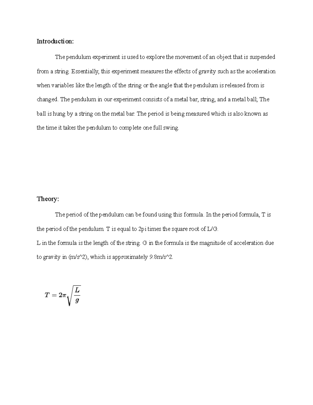 Pendulum Lab Report - PHYS 101: Exploring Period Variations - Studocu