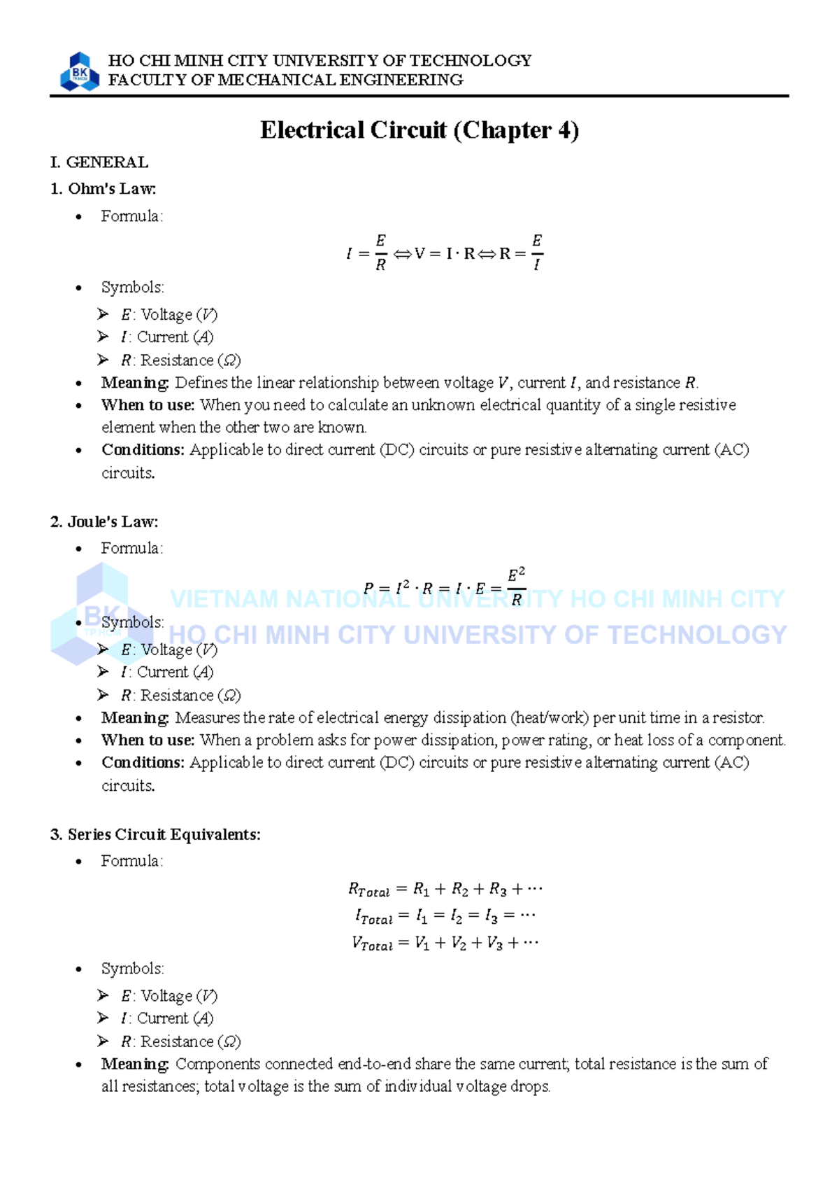 Electrical Circuit (Chapter 4) - Key Formulas and Concepts - Studocu