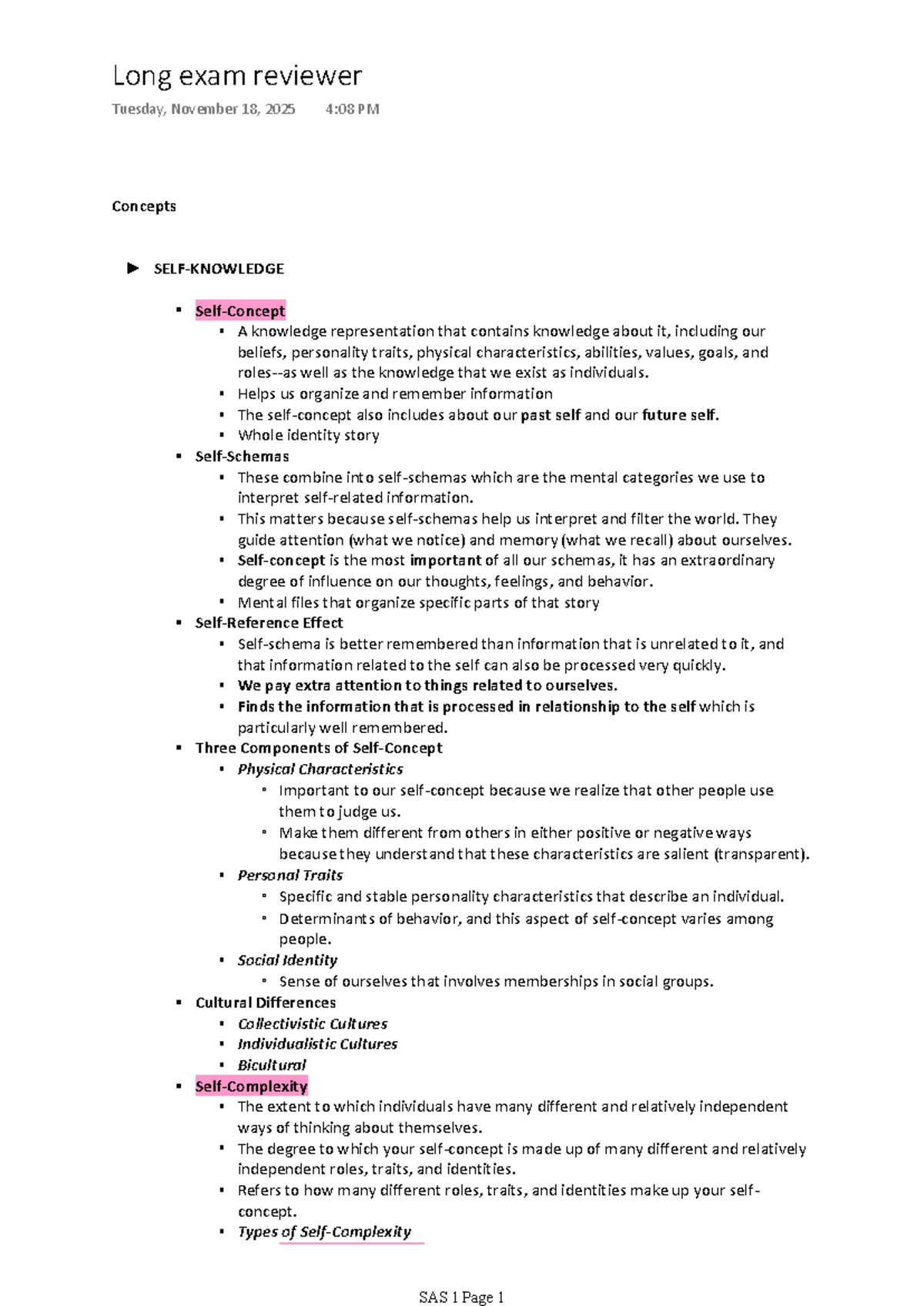 SAS Summary Reviewer: Concepts of Self-Identity and Personality Traits ...