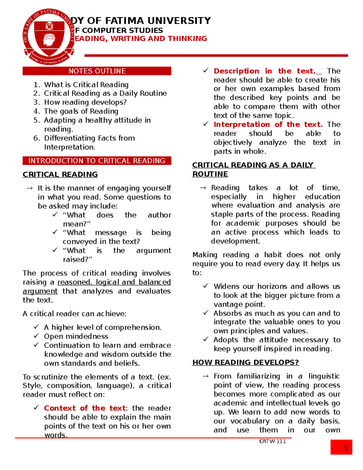 CRWT - Prelims Notes - CRTW 111 COLLEGE OF COMPUTER STUDIES CRITICAL ...