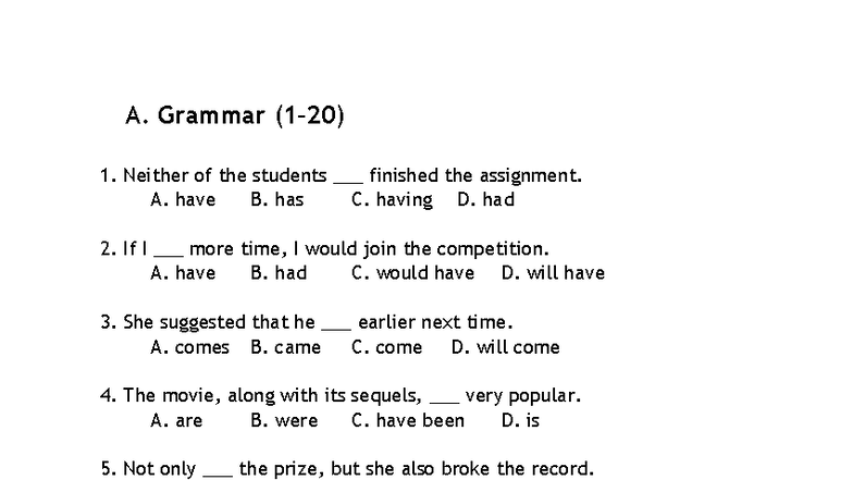 English Grammar Exercises: Quiz on Tenses and Comprehension - Studocu