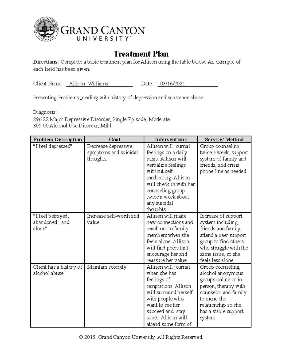 Treatment plan - Assignment for case management - Treatment Plan ...