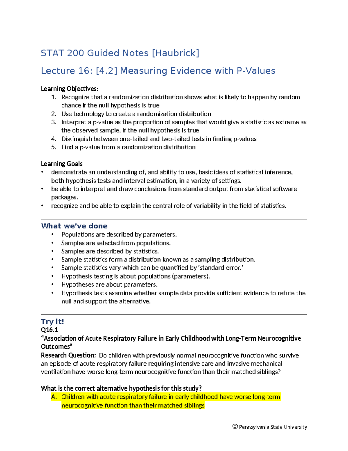 Lecture 16 [STAT 200] Measuring Evidence with P-Values SP25 - Studocu