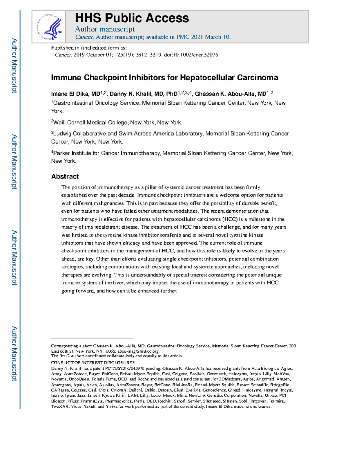 4 - Classwork. - Immune Checkpoint Inhibitors for Hepatocellular Carcinoma Imane El Dika, MD1,2 ...