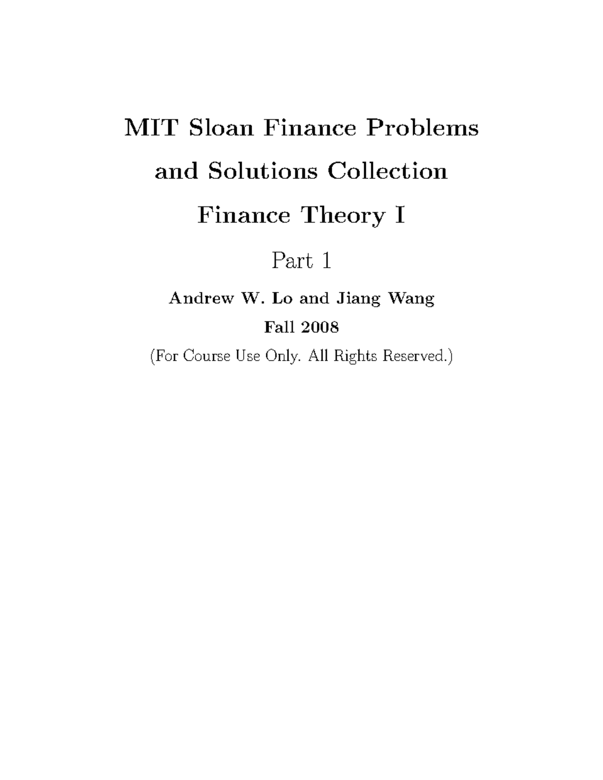 MIT Sloan Finance Problems & Solutions Collection - Part 1 - Studocu