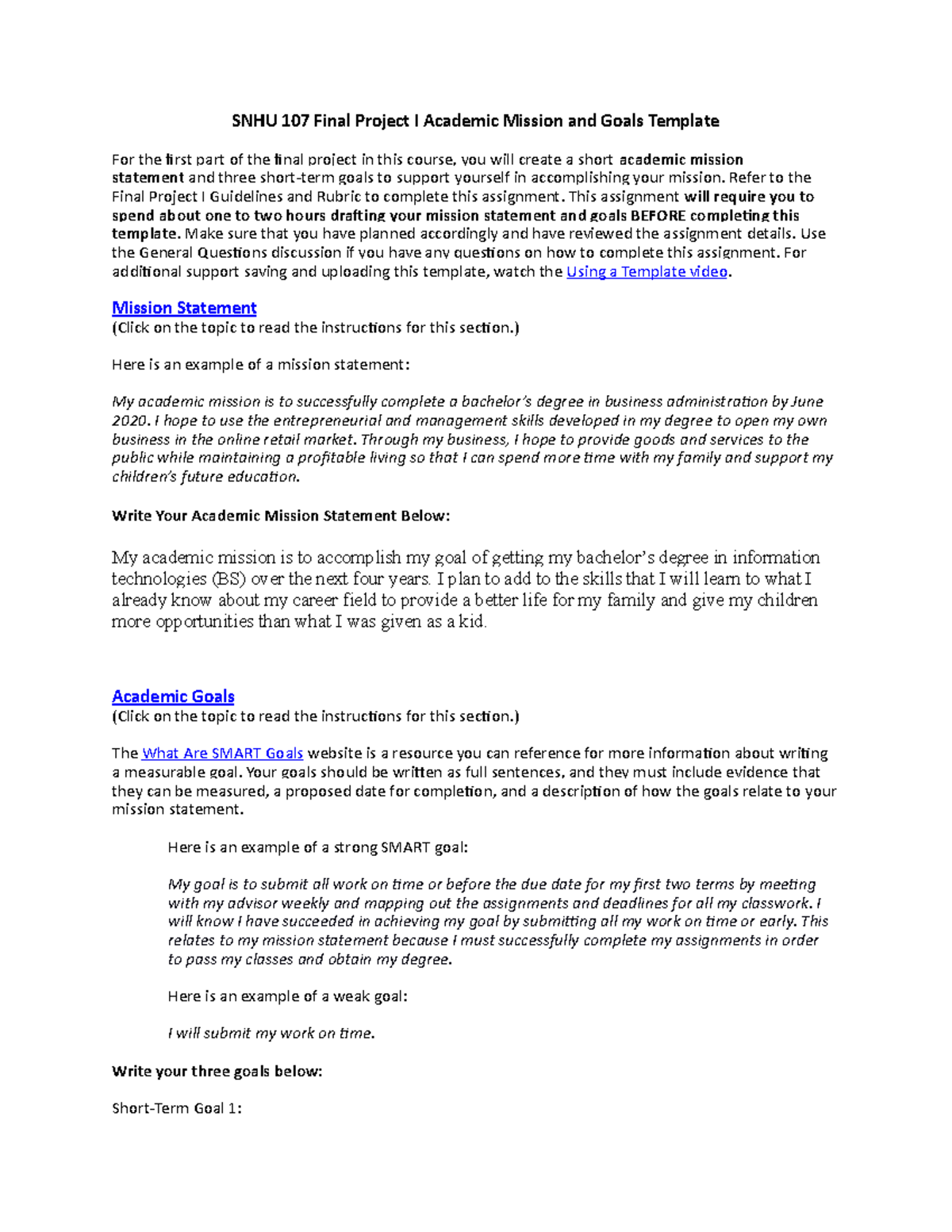 SNHU 107 Final Project I: Mission Statement & SMART Goals Template ...