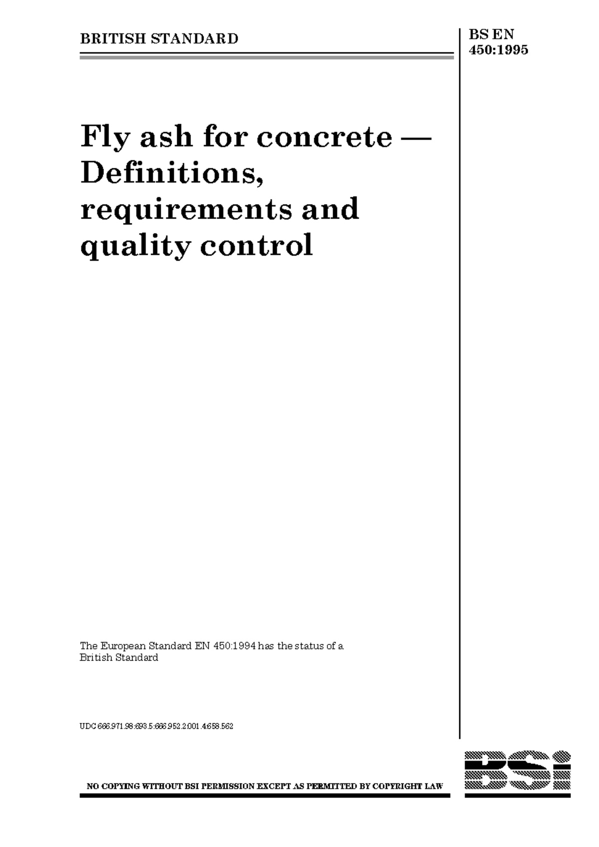 450-95 - BRITISH STANDARD BS EN 450: Fly ash for concrete — Definitions ...