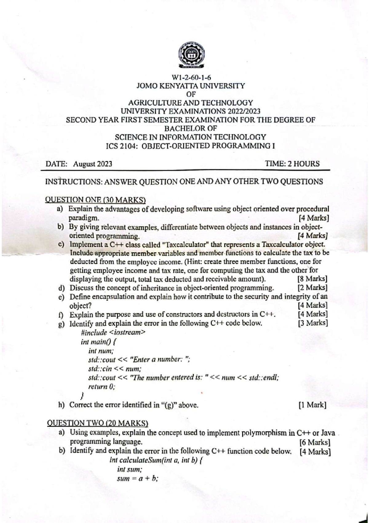 ICS 2104 Object-Oriented Programming I Course Overview - Studocu
