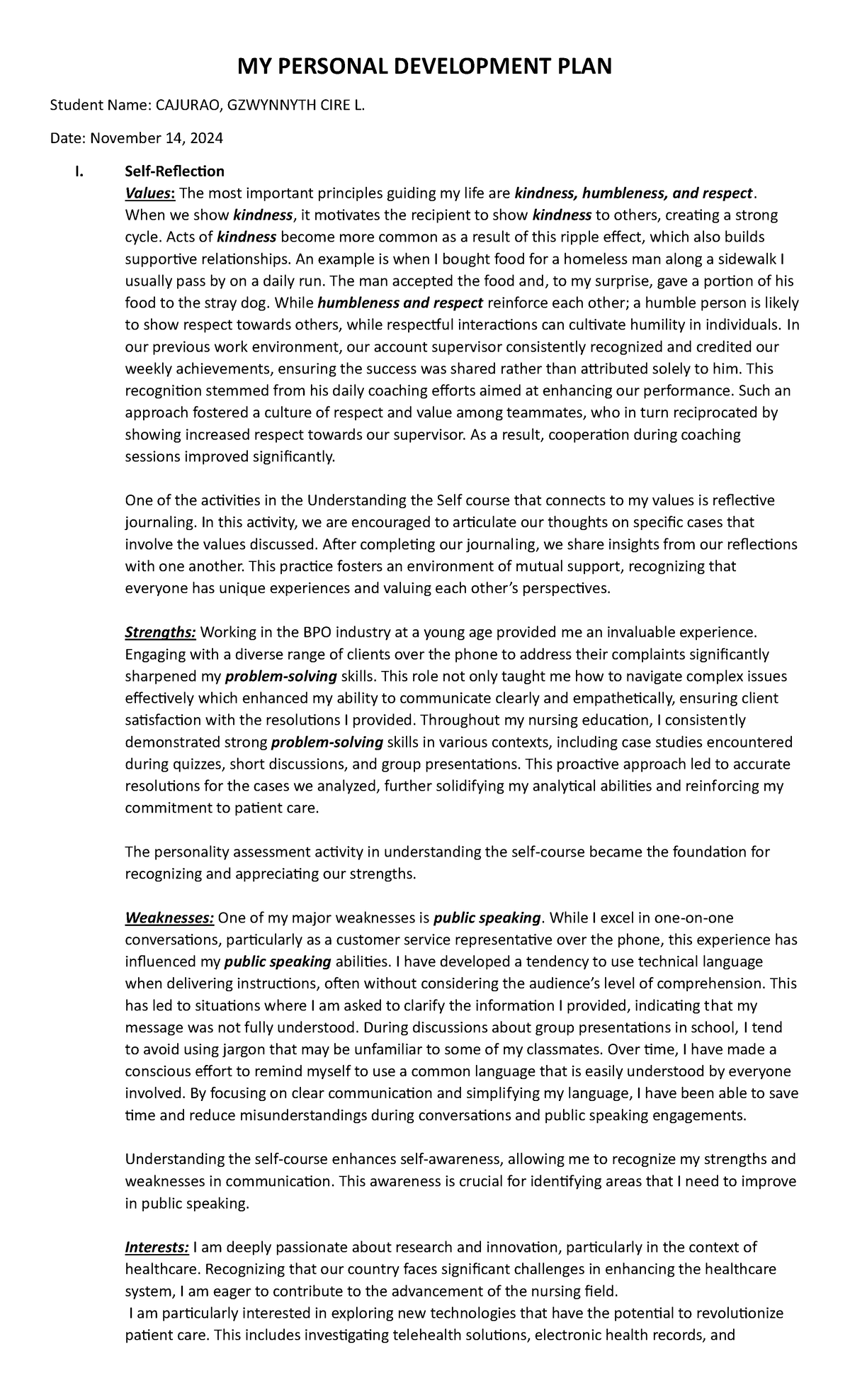 MY Personal Development PLAN - MY PERSONAL DEVELOPMENT PLAN Student ...
