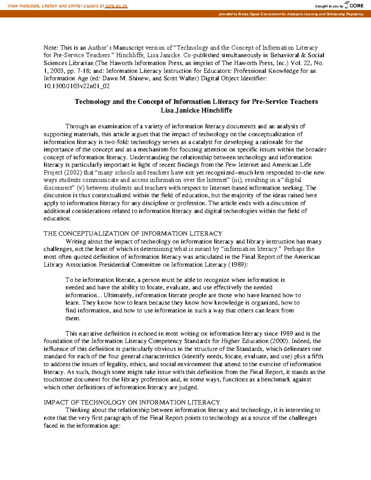 Introduction to information Literacy - Note: This is an Author’s ...