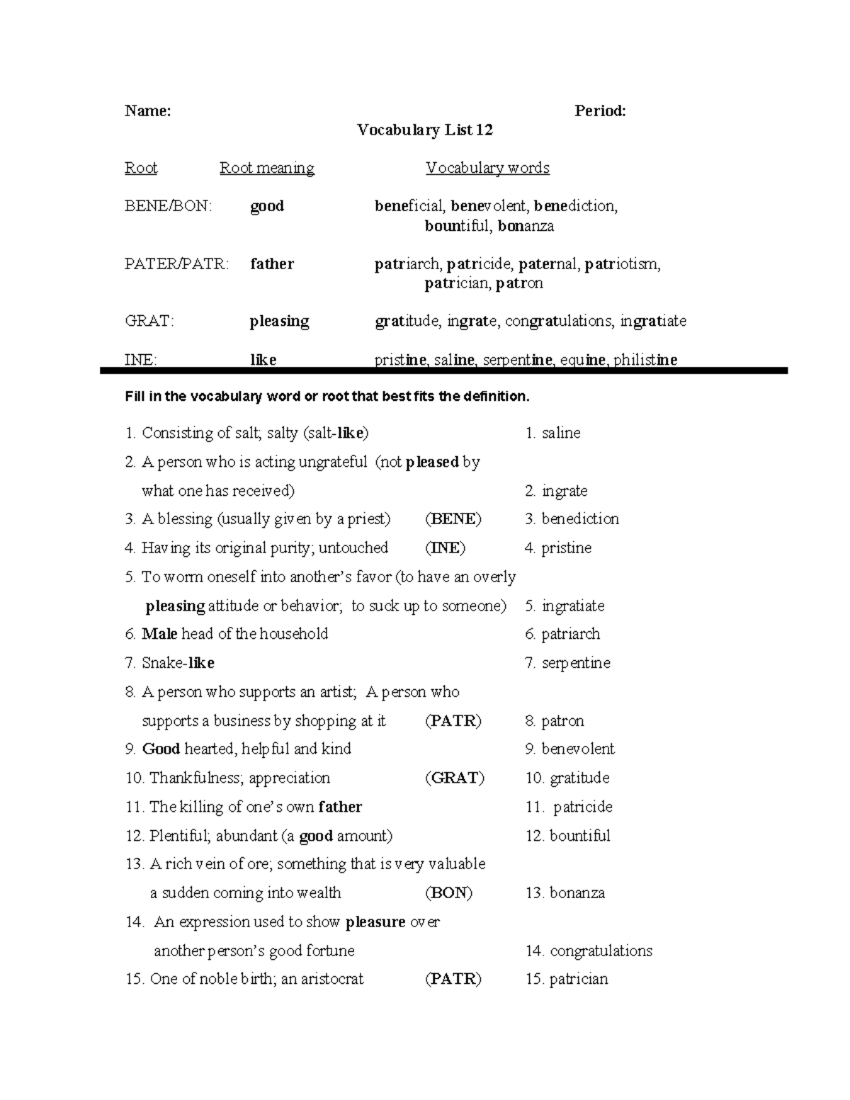 Vocab List 12: Root Meanings and Vocabulary Practice - Studocu