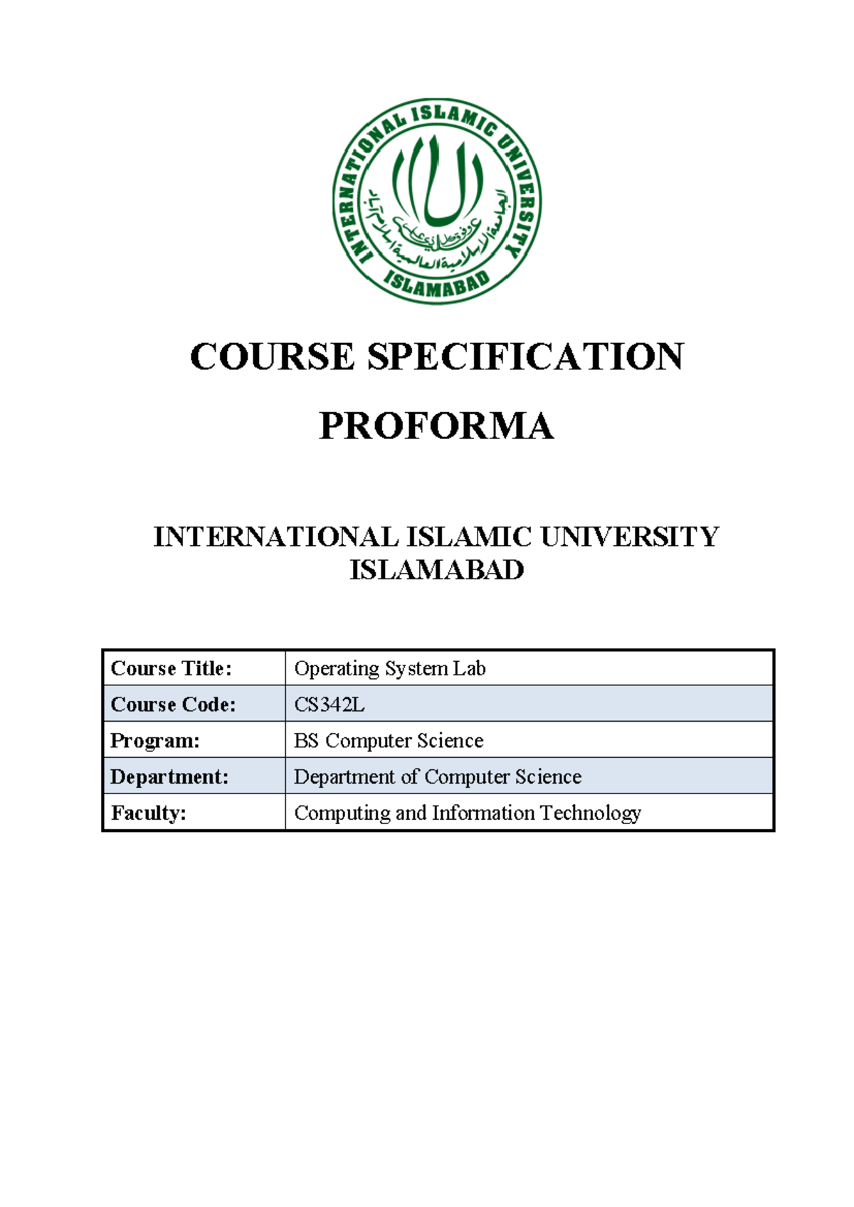 CSP - CS342L Operating System Lab Course Specification - IIUI - Studocu