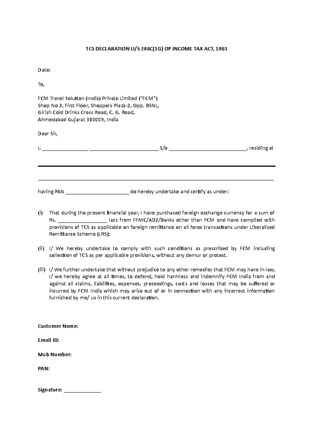 TCS Declaration Form - TCS DECLARATION U/S 206C(1G) OF INCOME TAX ACT ...