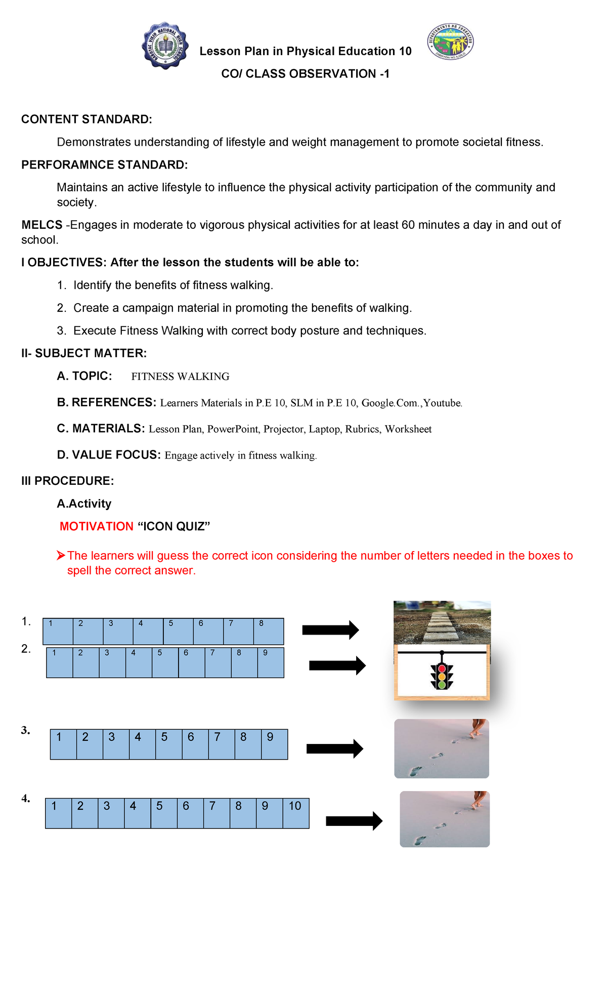 P.E. 10 Lesson Plan: Fitness Walking & Community Engagement Activities ...