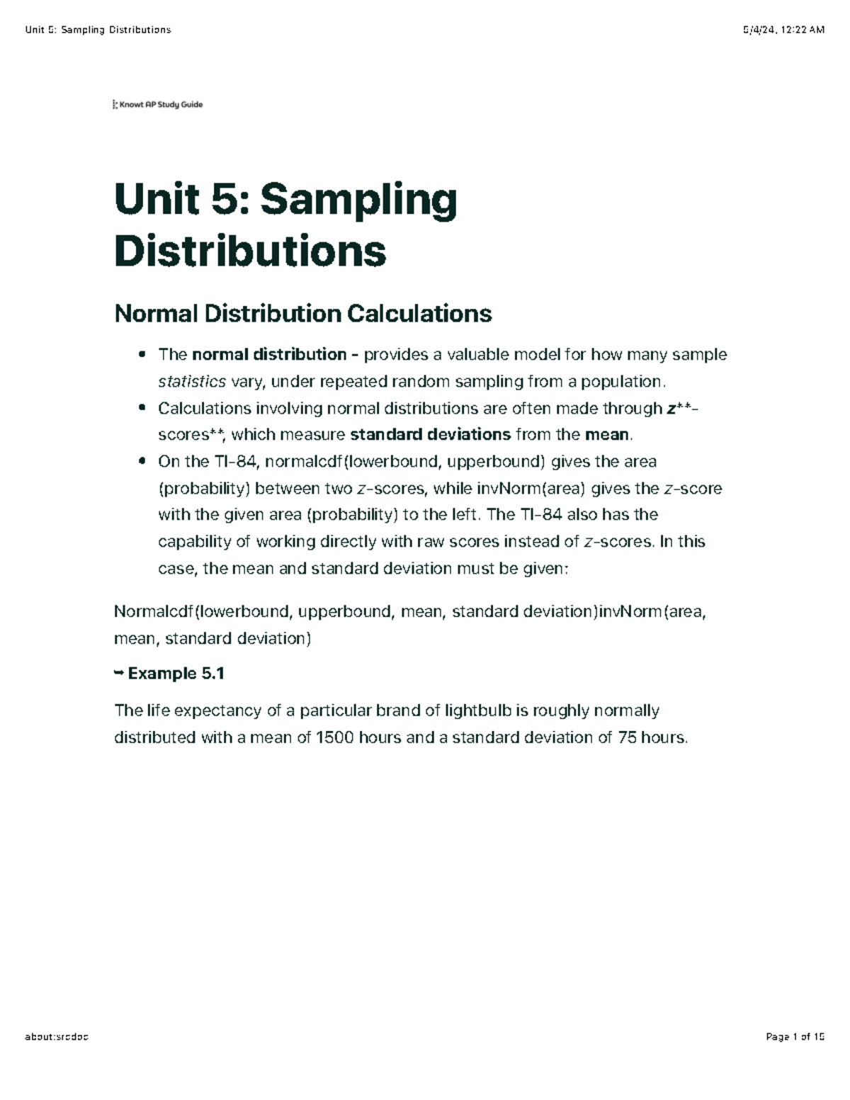 Unit 5: Sampling Distributions and Normal Distribution Calculations - Studocu