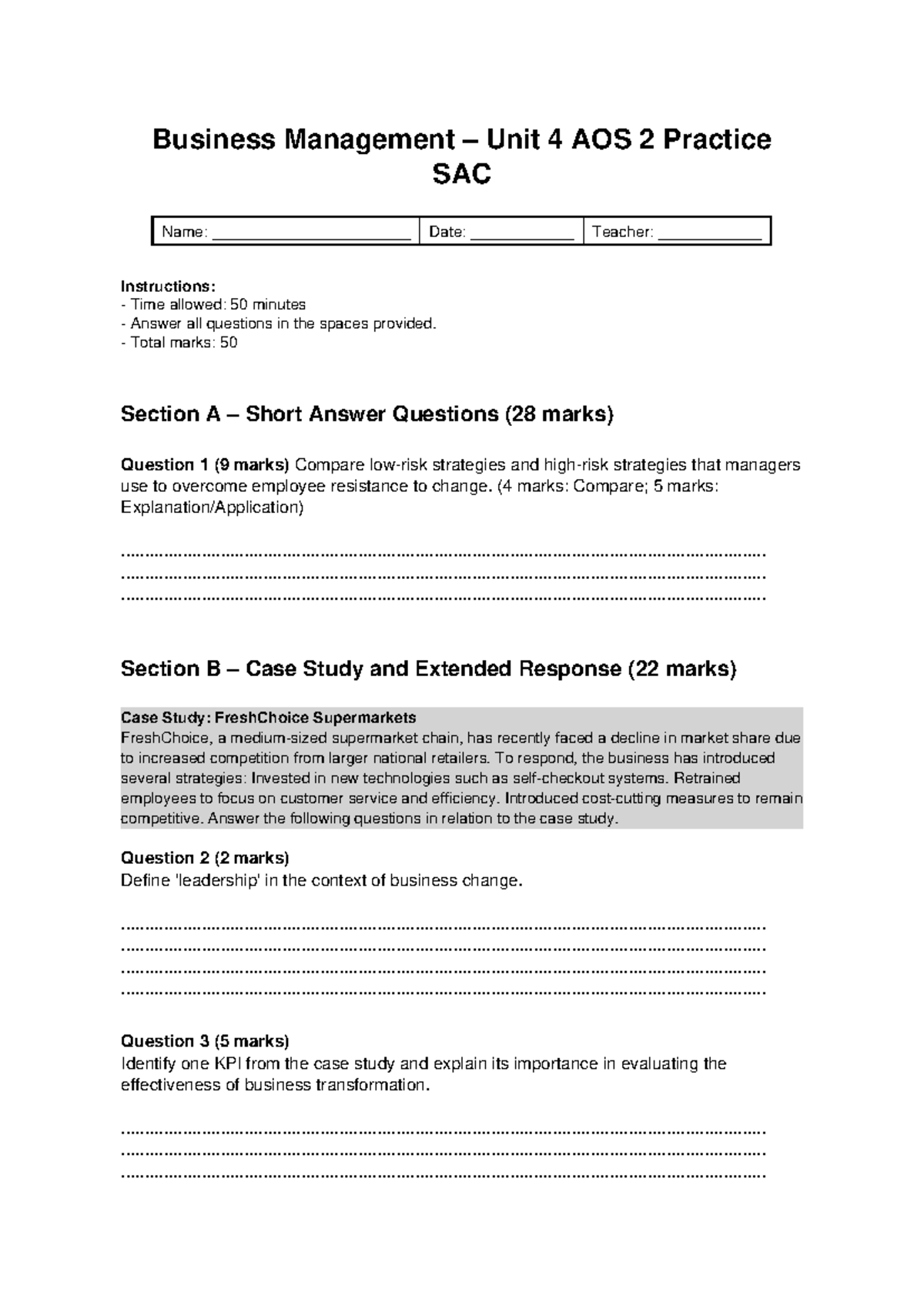 Business Management Unit 4 AOS 2 Practice SAC Guide - Studocu