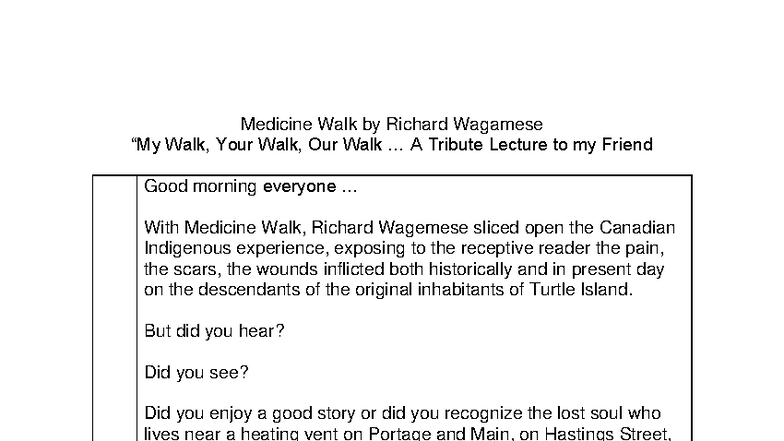 Medicine Walk (ENG 101) Tribute Speech: Honoring Richard Wagamese - Studocu