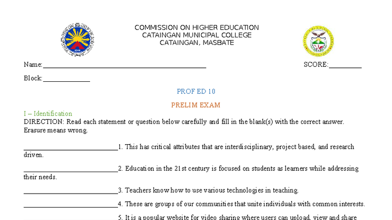 PROF ED 10 PRELIM EXAM I: 21st Century Education Insights - Studocu