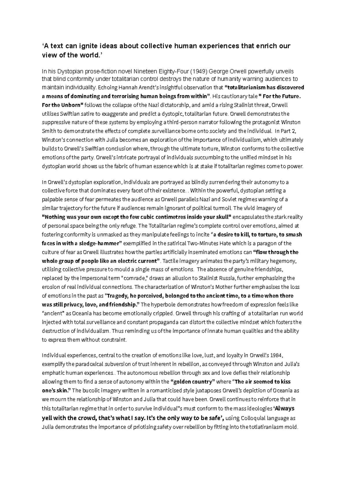 ENG101 1984 Dystopian Essay: The Destruction of Individualism - Studocu