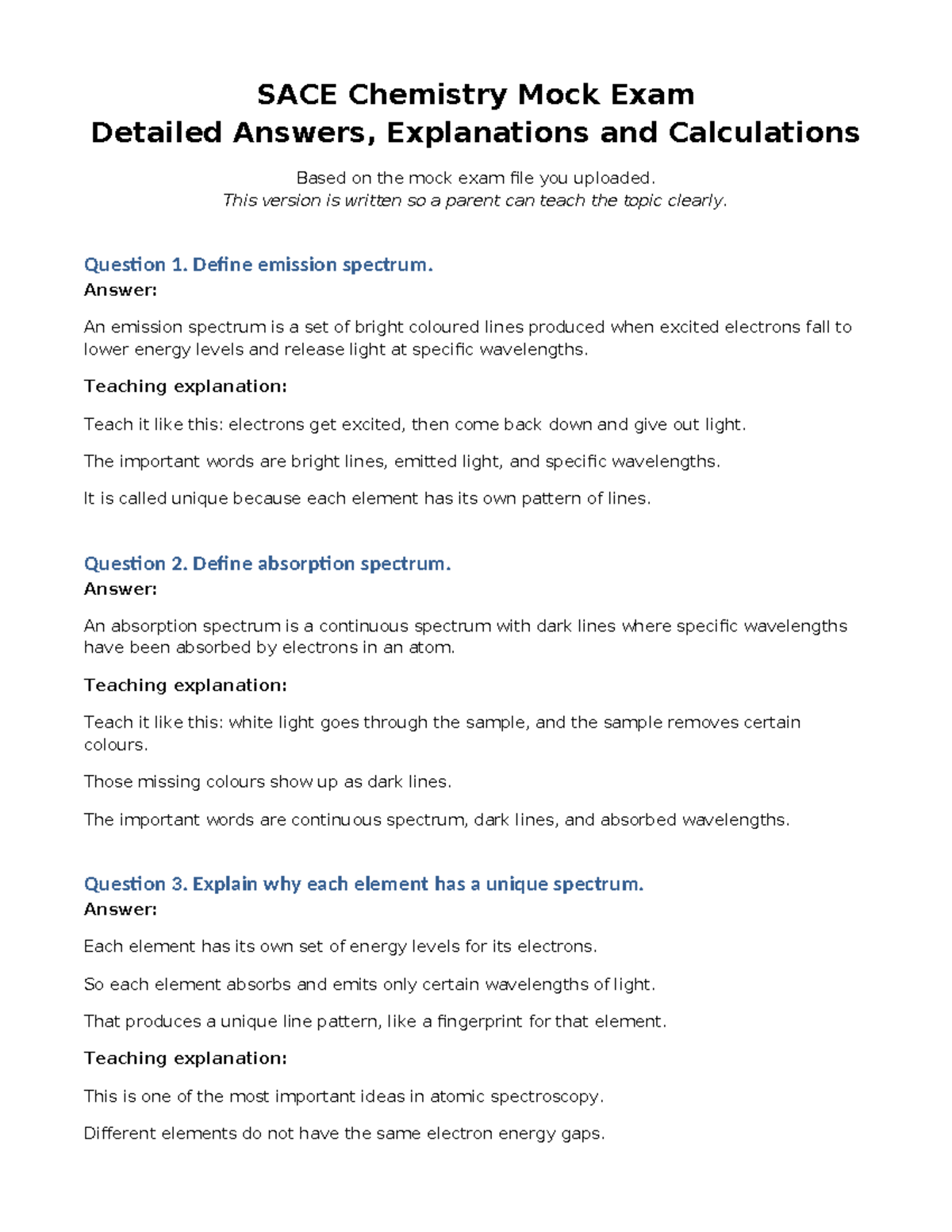 SACE Chemistry Final Mock Exam Detailed Solutions and Explanations ...