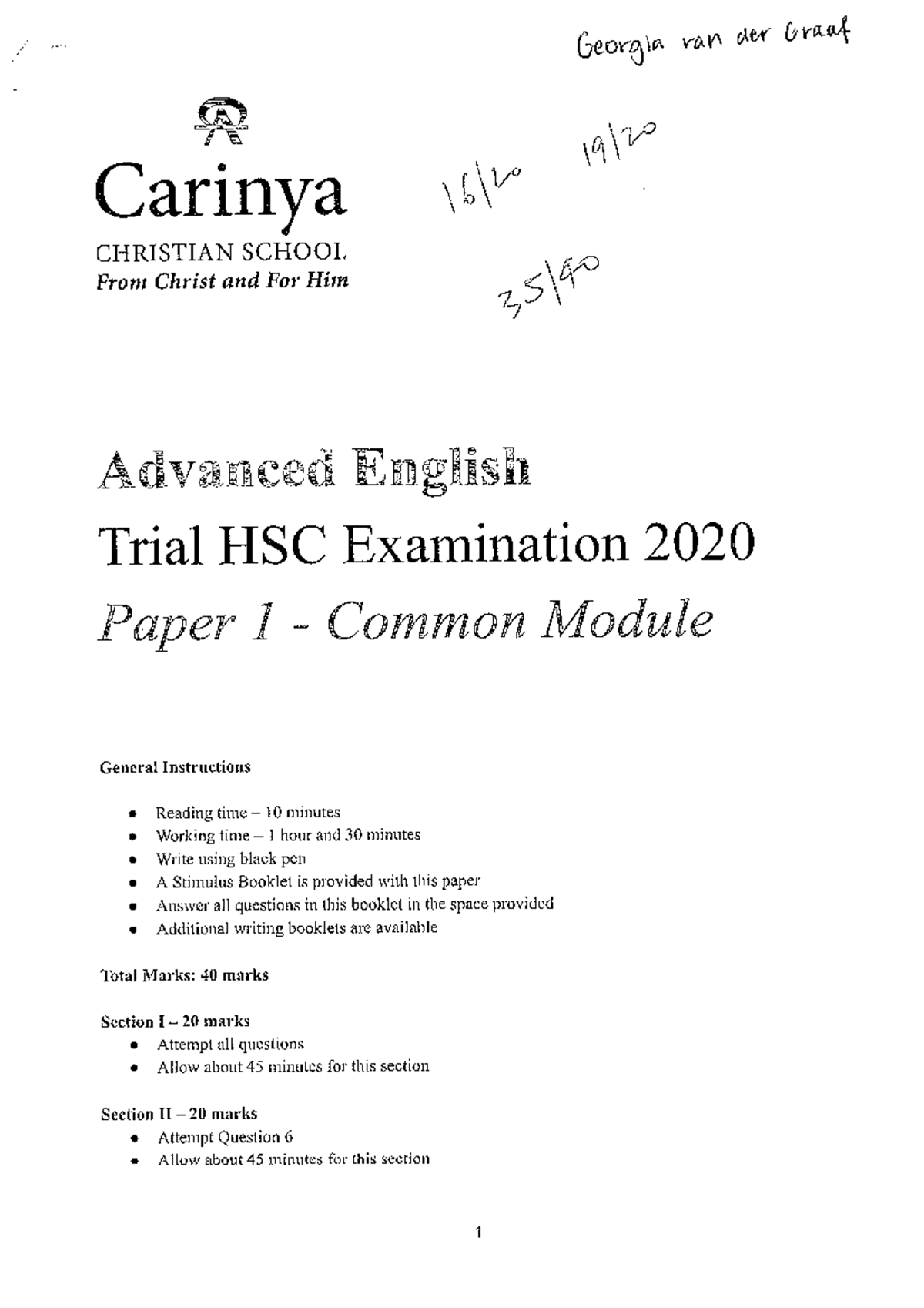 HSC 2020 Advanced English Trial Exam: Human Experiences Analysis - Studocu