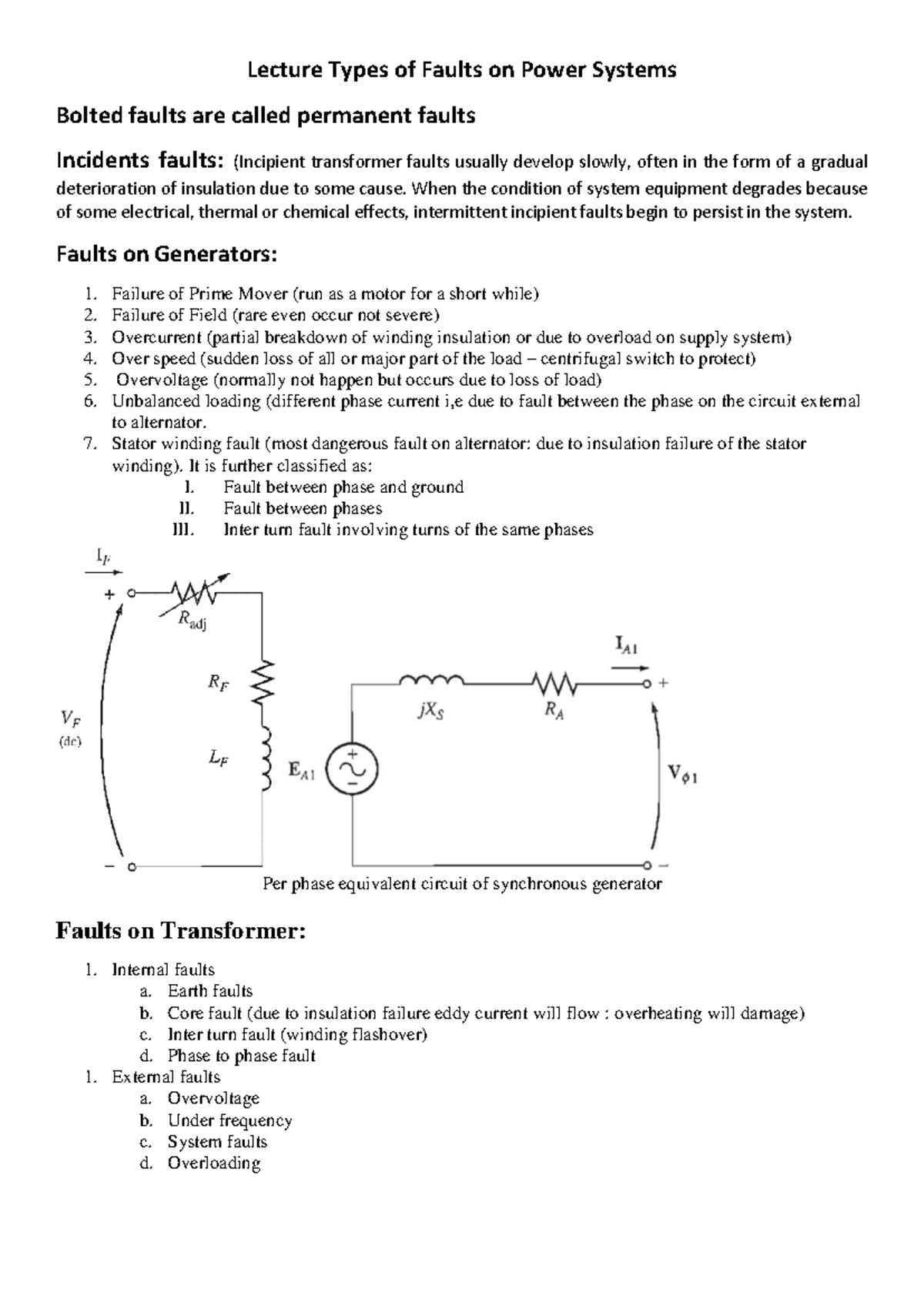 Lecture 1: Types of Faults in Power Systems and Their Impacts - Studocu