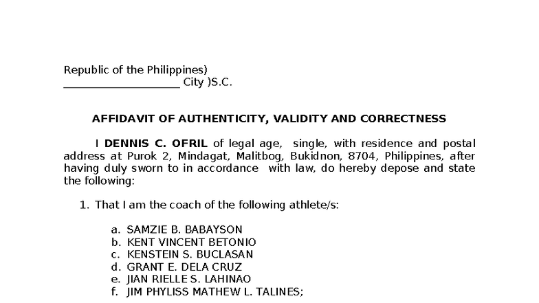 Affidavit of Authenticity, Validity & Correctness for Athletes - Studocu