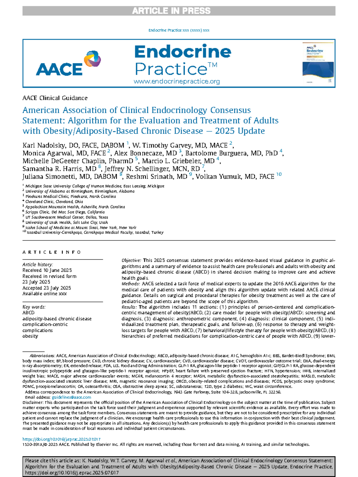AACE 2025 Consensus Statement: Algorithm for Chronic Disease Management ...
