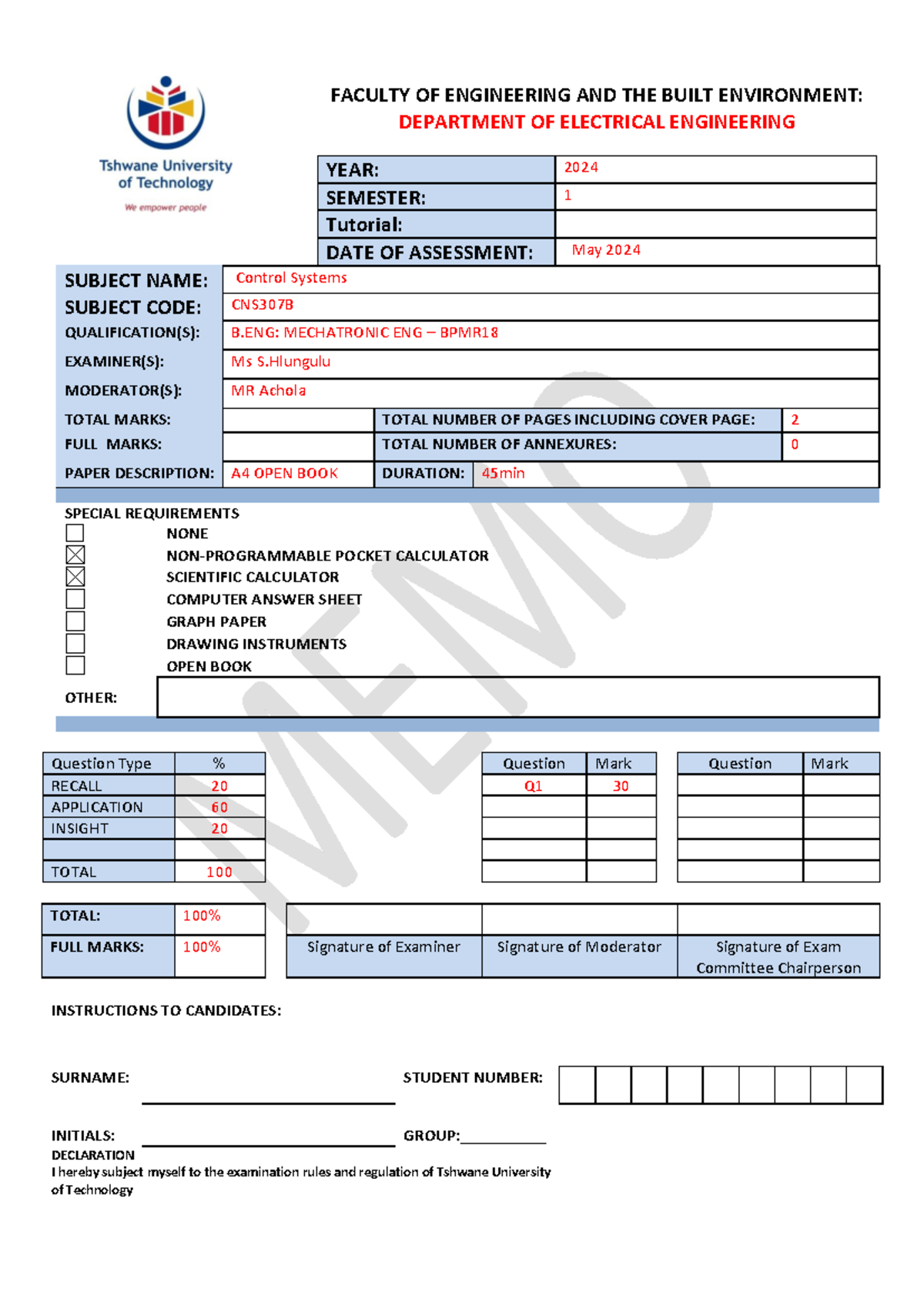CNS307B Control Systems Tutorial II Memo - May 2024 - Studocu