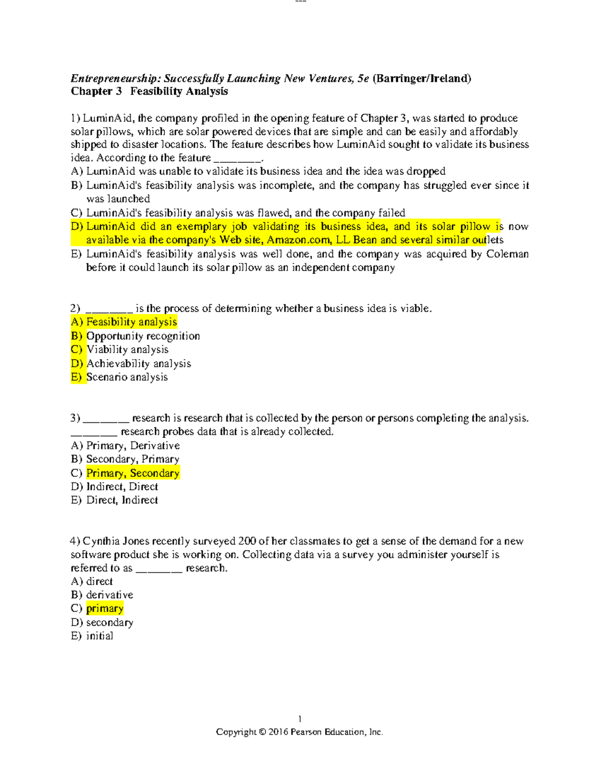 Entrepreneurship 21240056: Feasibility Analysis Test Bank for Chapter 3 ...