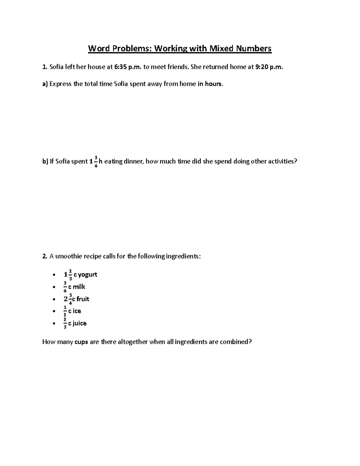 Word Problems Extra Practice: Mixed Numbers & Time Calculations - Studocu